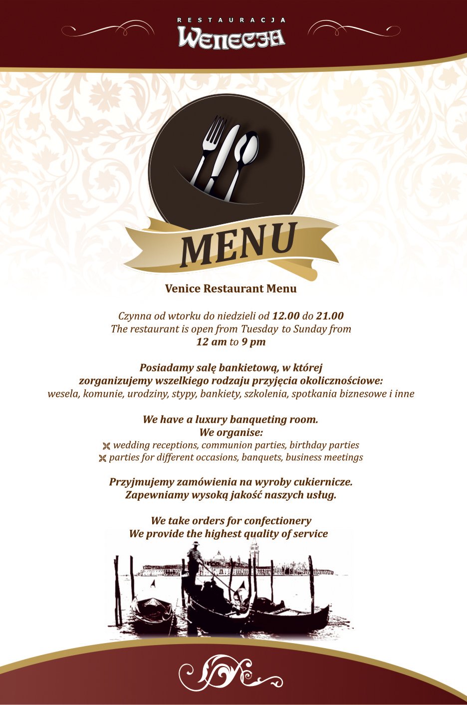 Menu - Restauracja Wenecja w Żorach