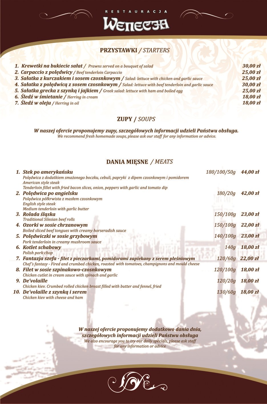 Menu - Restauracja Wenecja w Żorach