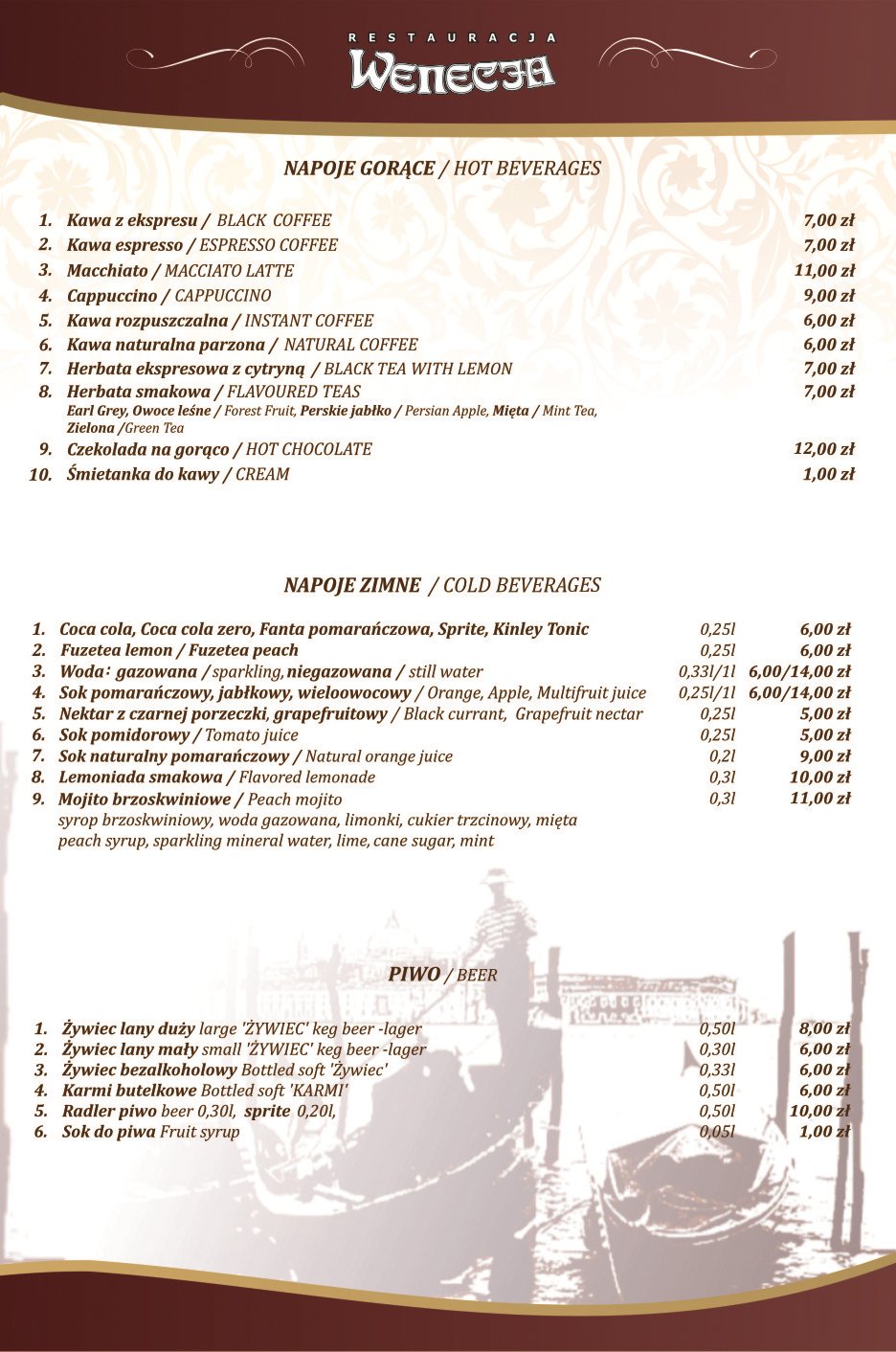 Menu - Restauracja Wenecja w Żorach