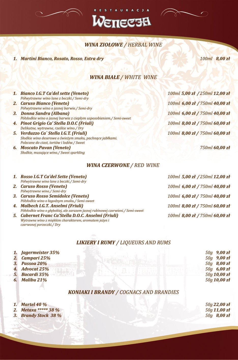 Menu - Restauracja Wenecja w Żorach